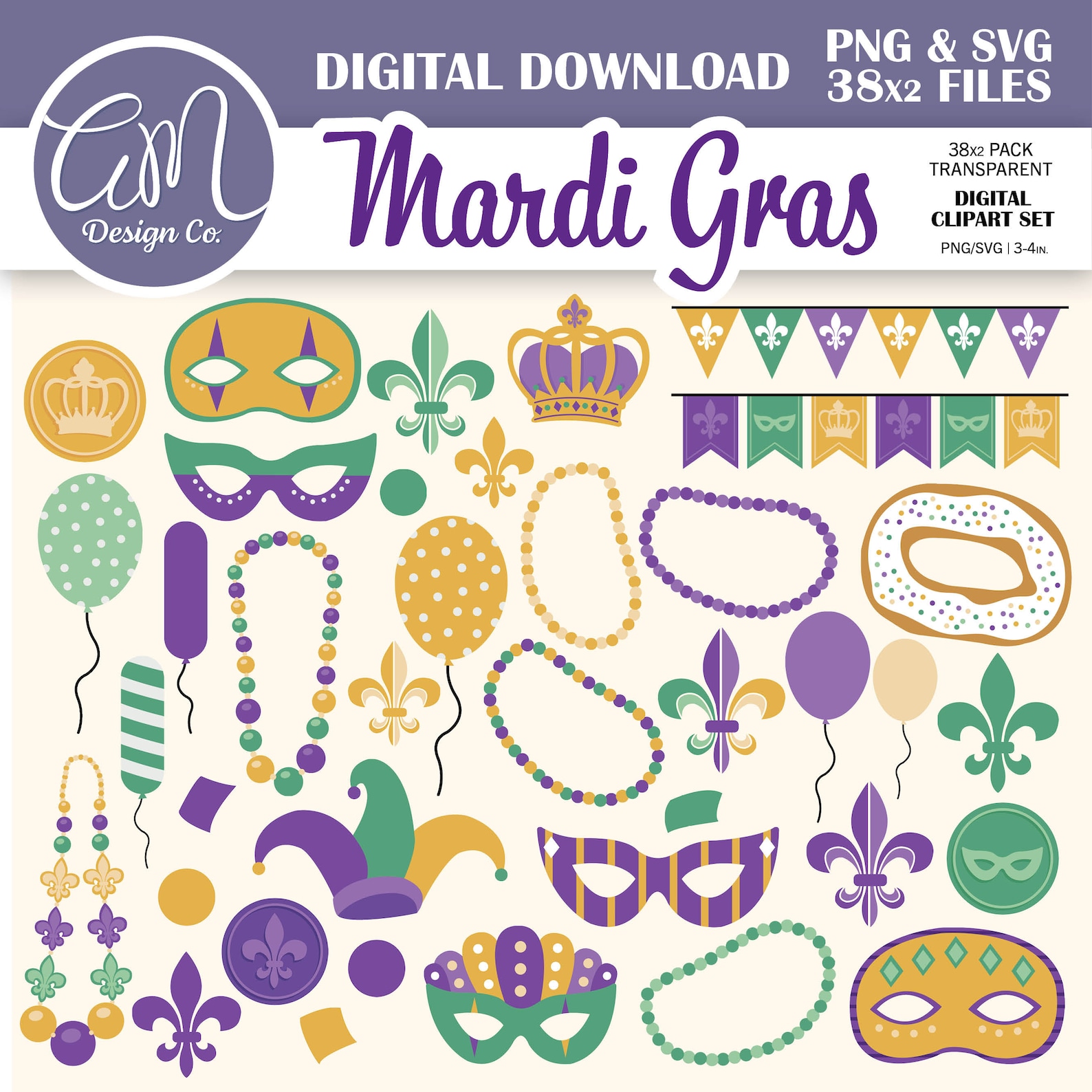 Mardi Gras Clipart Set, Louisiana Fat Tuesday Vector Graphics, Carnival ...