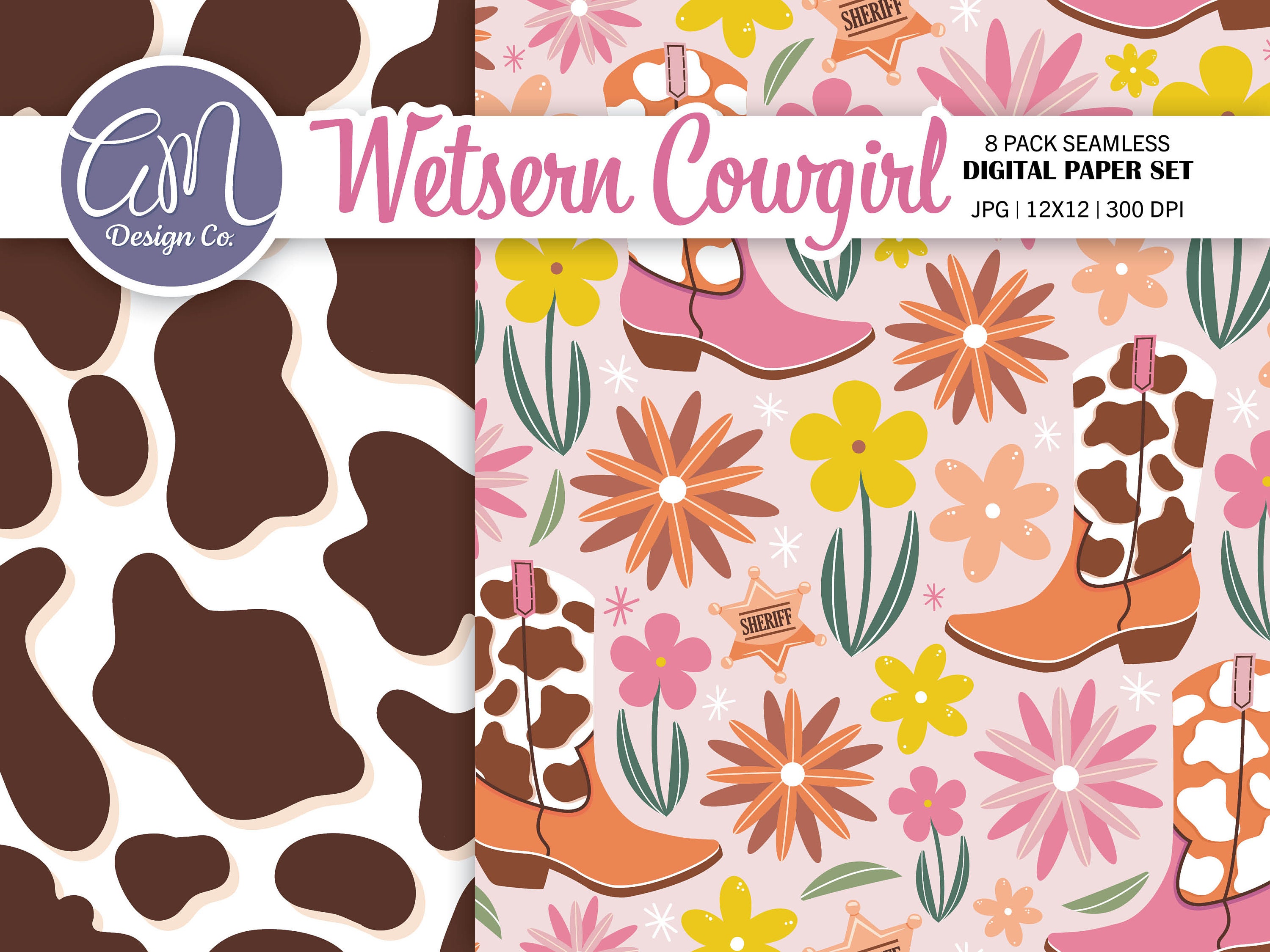 Western Cowgirl Digital Paper, Boho Country Seamless Pattern, Cactus ...