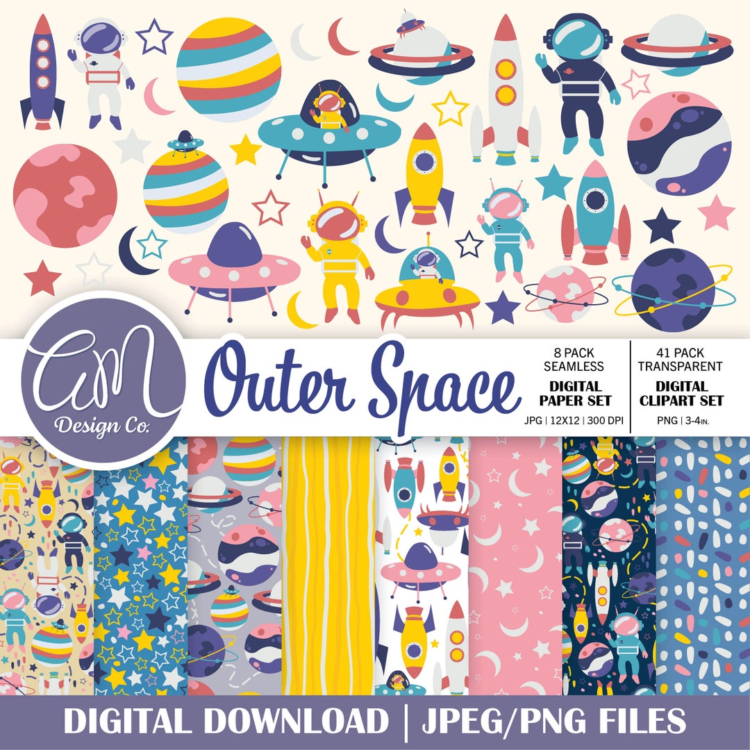 Outer Space Digital Paper and Clipart Set, Celestial Galaxy Seamless ...