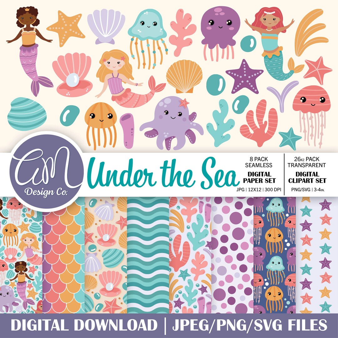 Under the Sea Digital Paper and Clipart Set, Mermaid Seamless Pattern ...