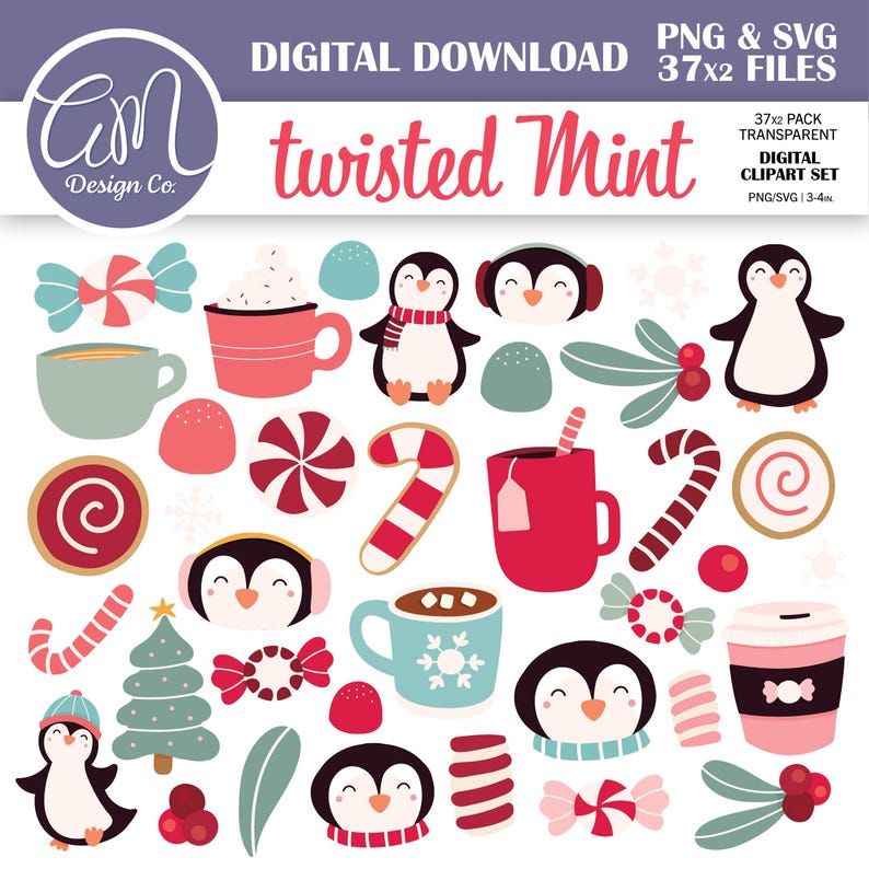 Peppermint Christmas Clipart Bundle, Winter Penguin Clipart for Holiday ...