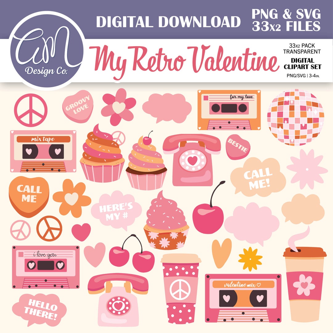 Retro Valentine Clipart Bundle, Hippie Daisy Digital Stickers, Disco ...