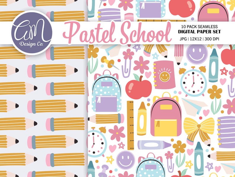 Pastel Back to School Seamless Pattern and Clipart Set, Cutecore ...