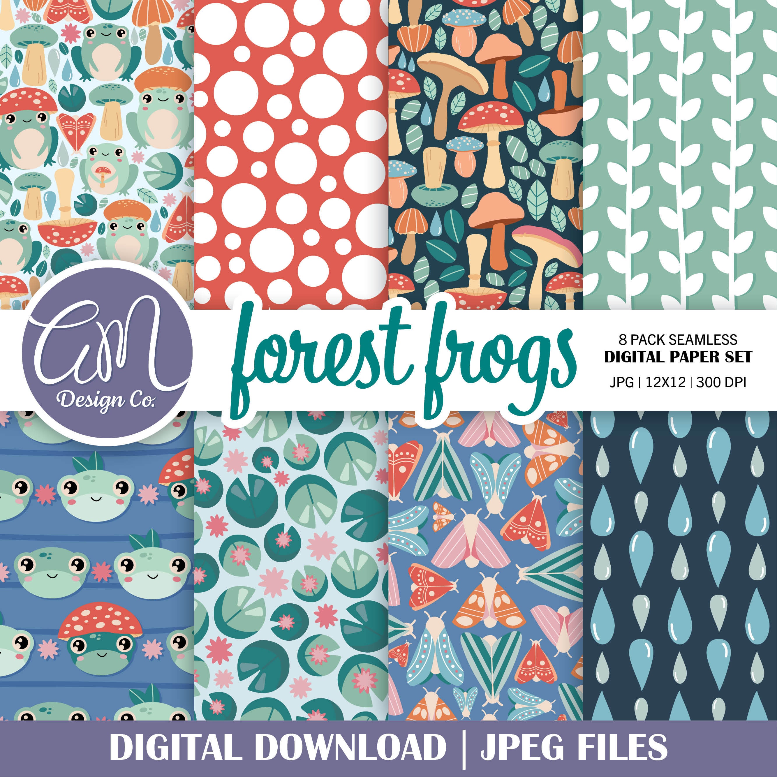 Spring Cute Frog Digital Paper, Mushroom Seamless Pattern, Cottage Core ...