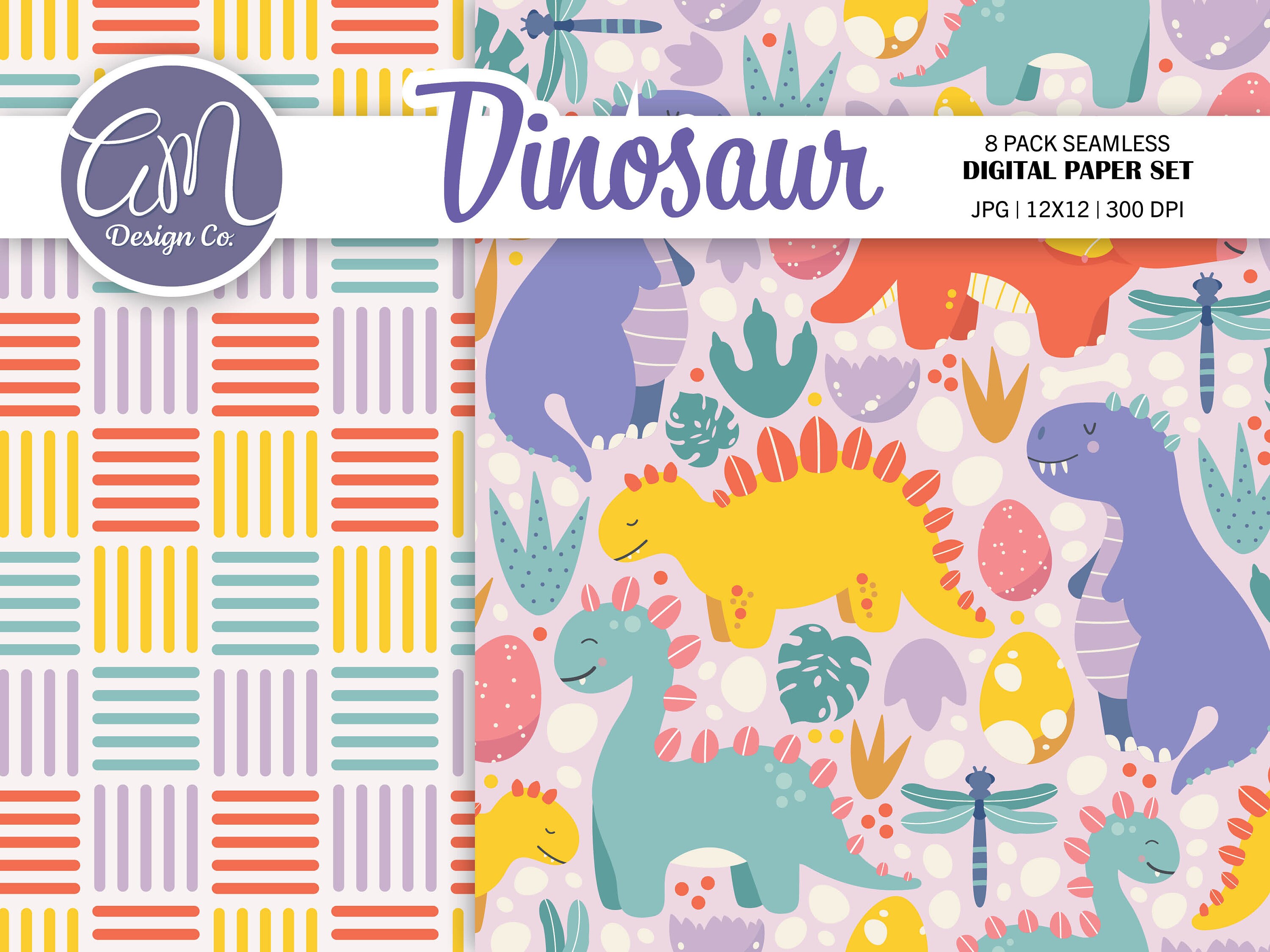 Dinosaur Digital Paper and Clipart Set, Prehistoric Seamless Pattern ...