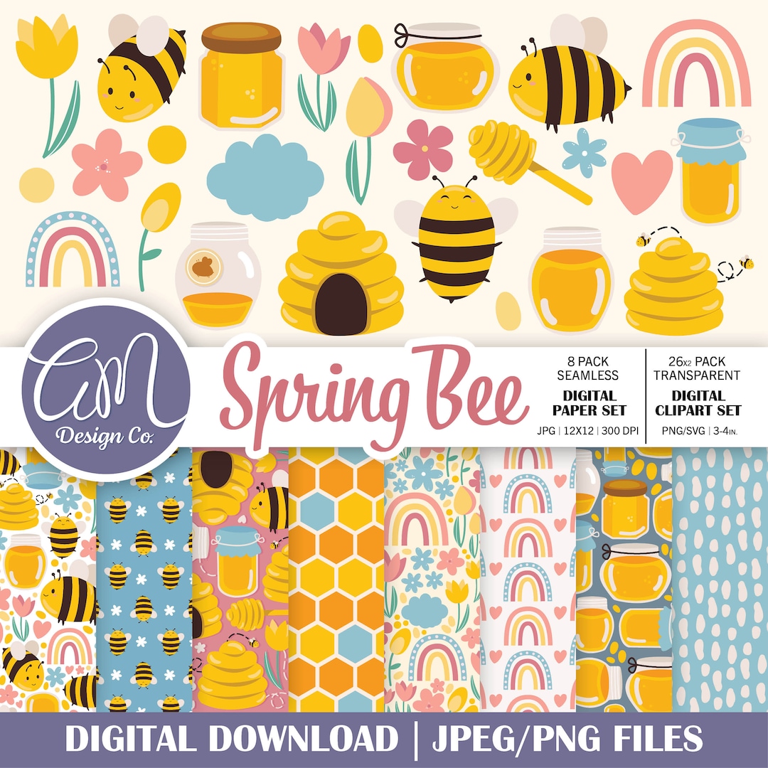 Honey Bee Digital Paper and Clipart Set, Spring Seamless Pattern ...