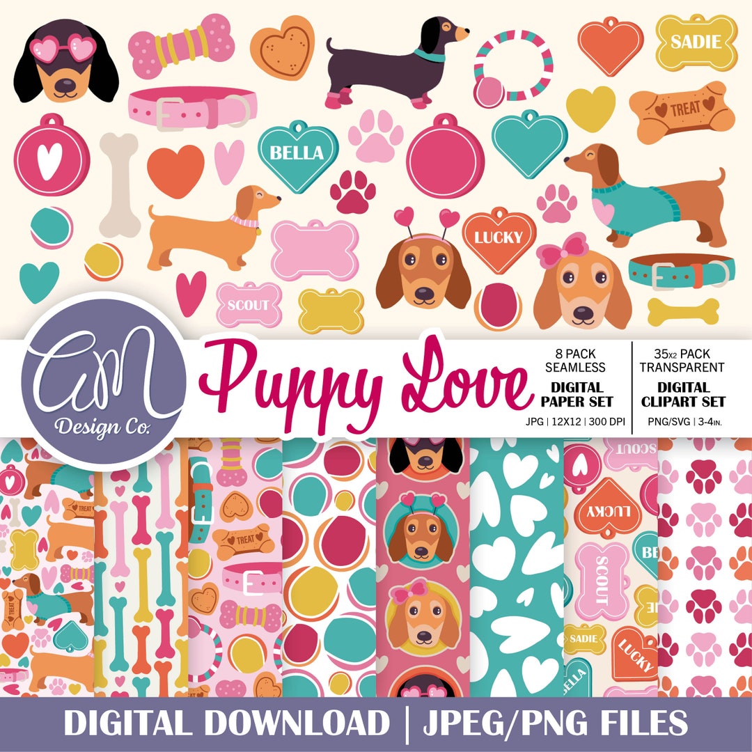 Valentine’s Day Dog Digital Paper and Clipart Bundle, Dachshund Weiner ...