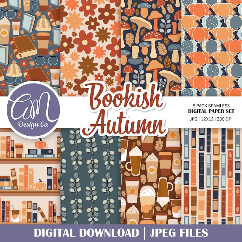 Bookish Light Academia Digital Paper, Fall Seamless Pattern, Book Lover ...