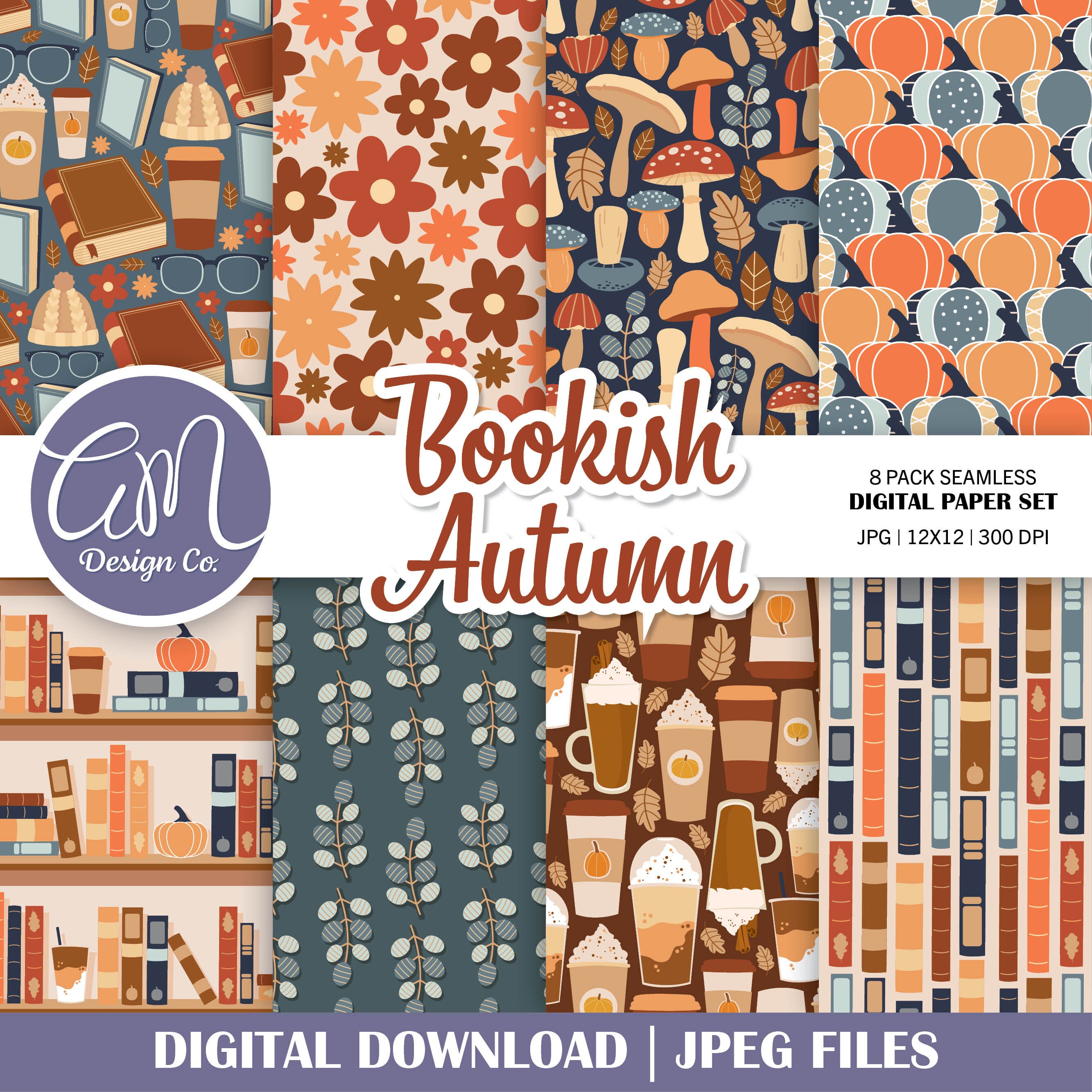 Bookish Light Academia Digital Paper, Fall Seamless Pattern, Book Lover ...
