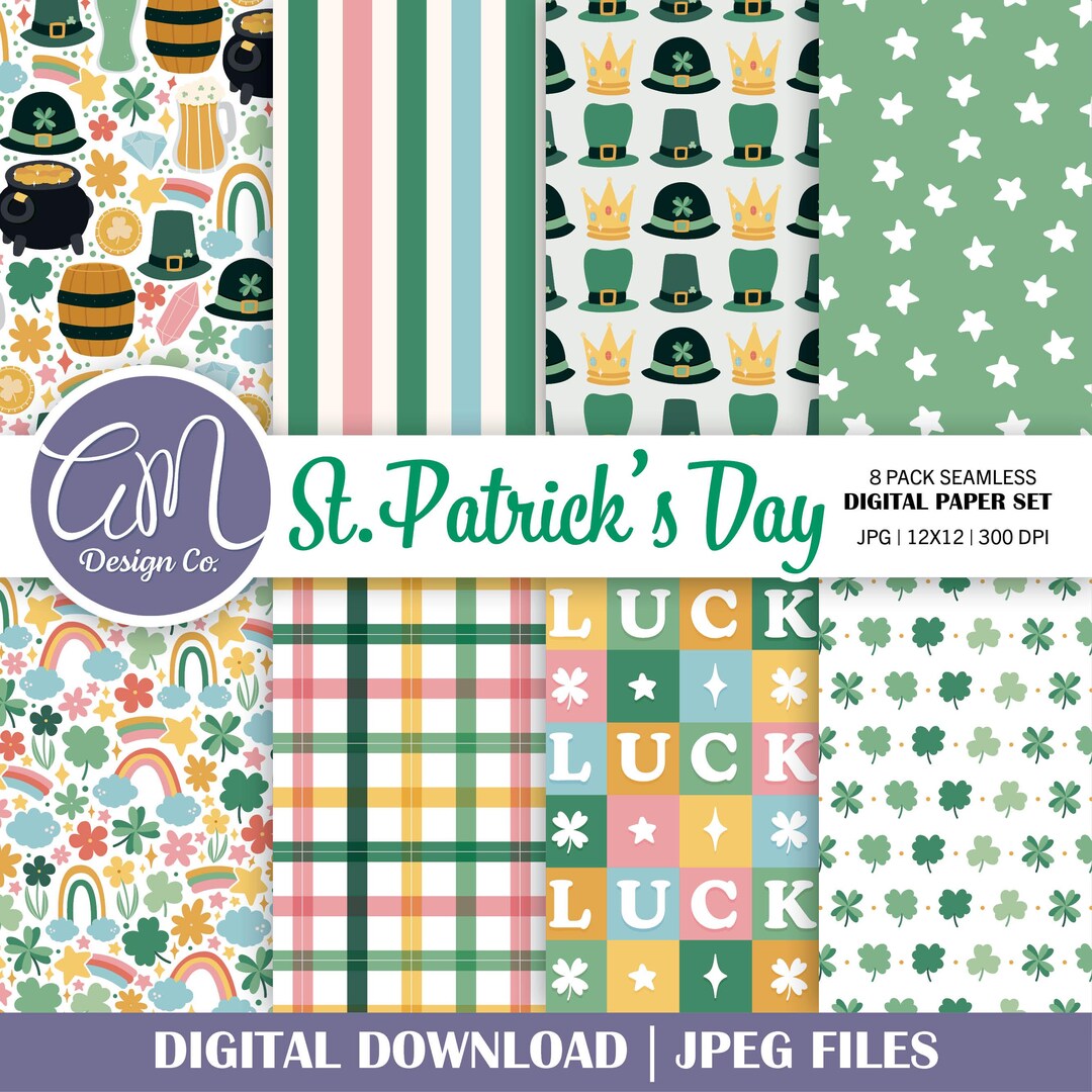 St Patrick's Day Digital Paper, Irish Clover Seamless Pattern, Lucky ...