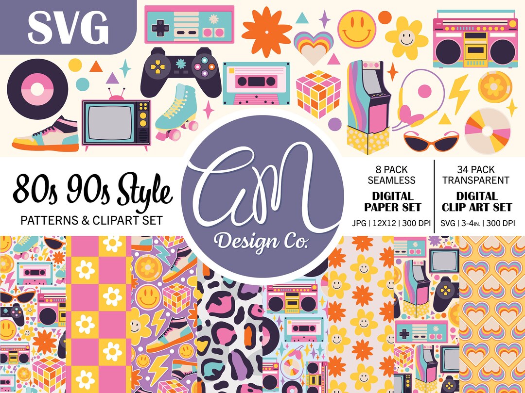 80s 90s Digital Paper, Y2K Aesthetic Clipart Set, 90s Party Invitation ...