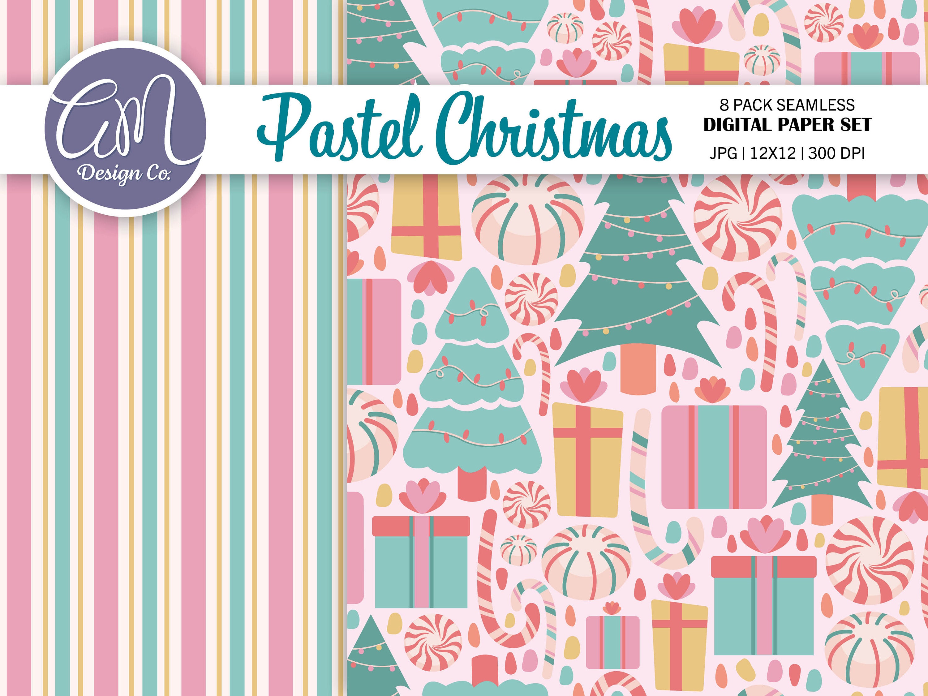 Pink Christmas Digital Paper, Pastel Seamless Pattern, Candy Cane ...