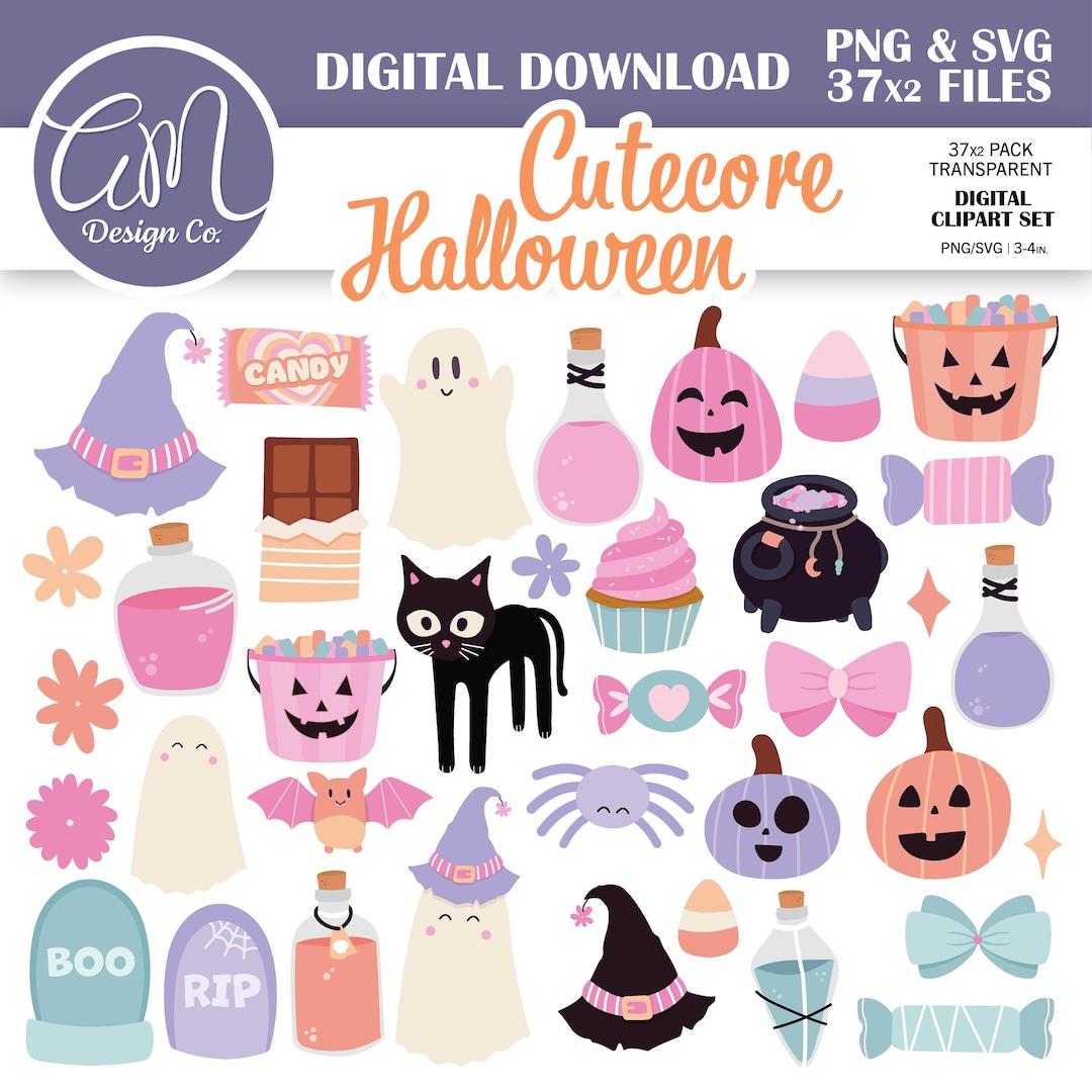 Cutecore Halloween Clipart Bundle, Pink Pastel Clipart for Spooky ...