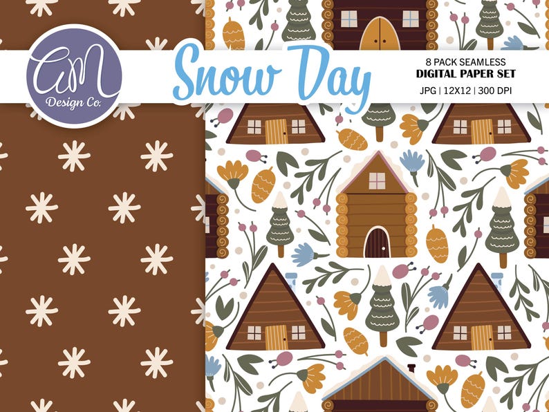 Snow Day Digital Paper, Winter Holiday Seamless Pattern, Outdoor Cabin ...
