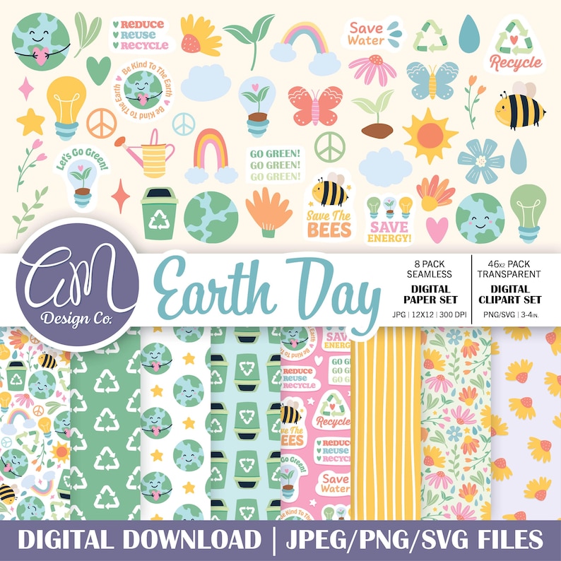 Hand Drawn Earth Day Clipart & Digital Paper, Spring and Summer ...