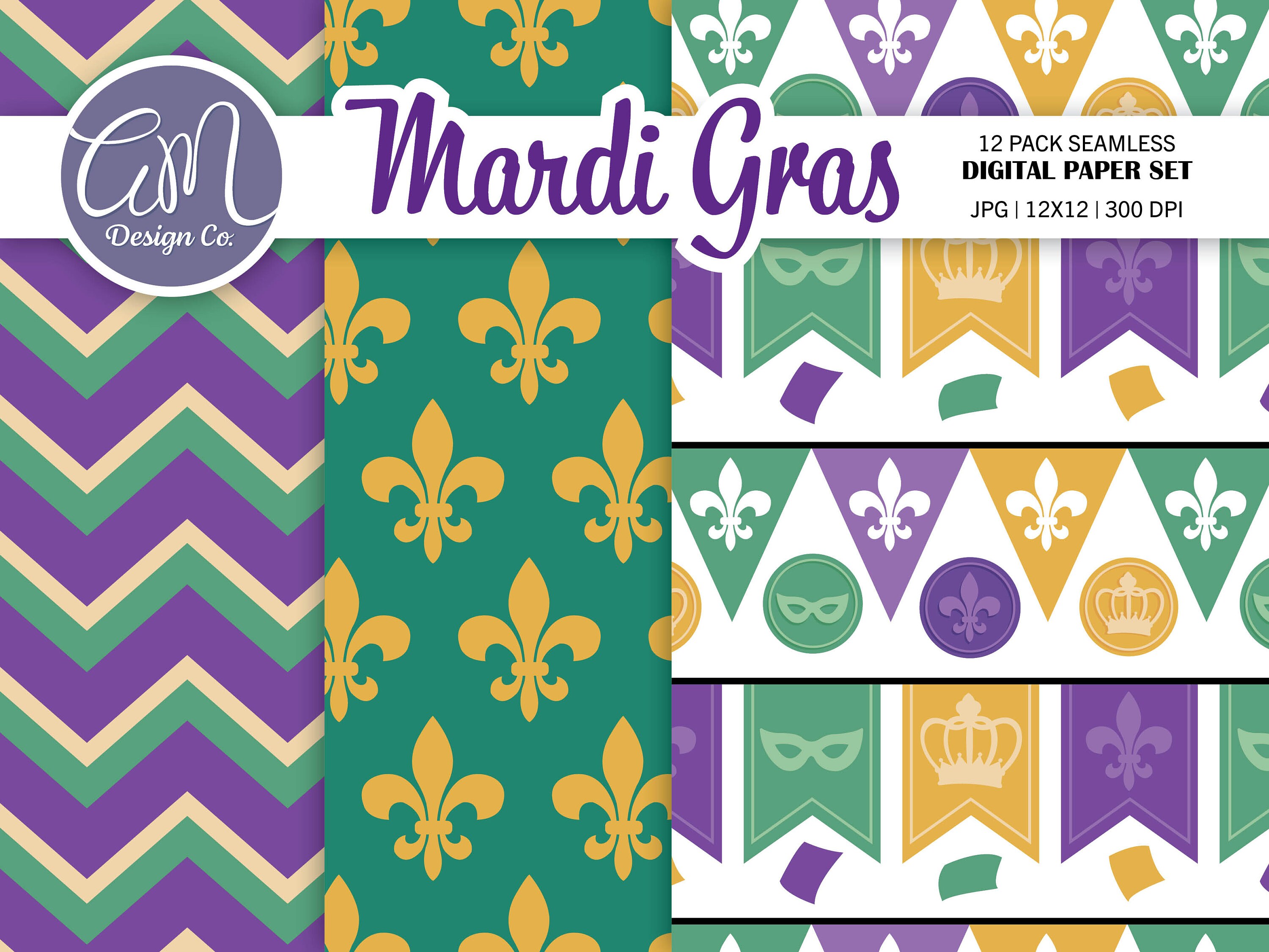 Mardi Gras Digital Paper and Clipart Set, Louisiana Fat Tuesday Clipart ...