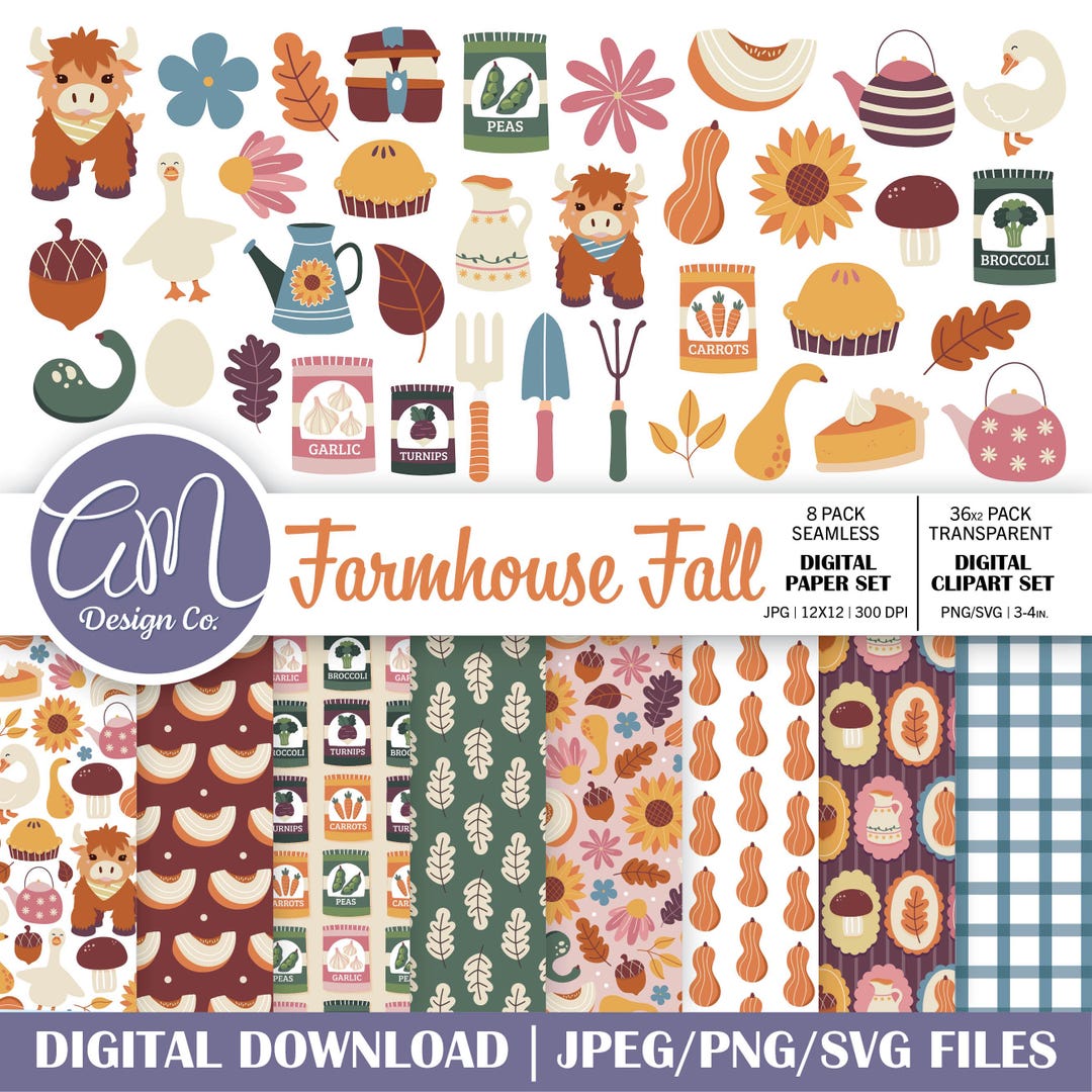 Hand Drawn Farmhouse Fall Clipart & Digital Paper, Cottagecore Autumn ...