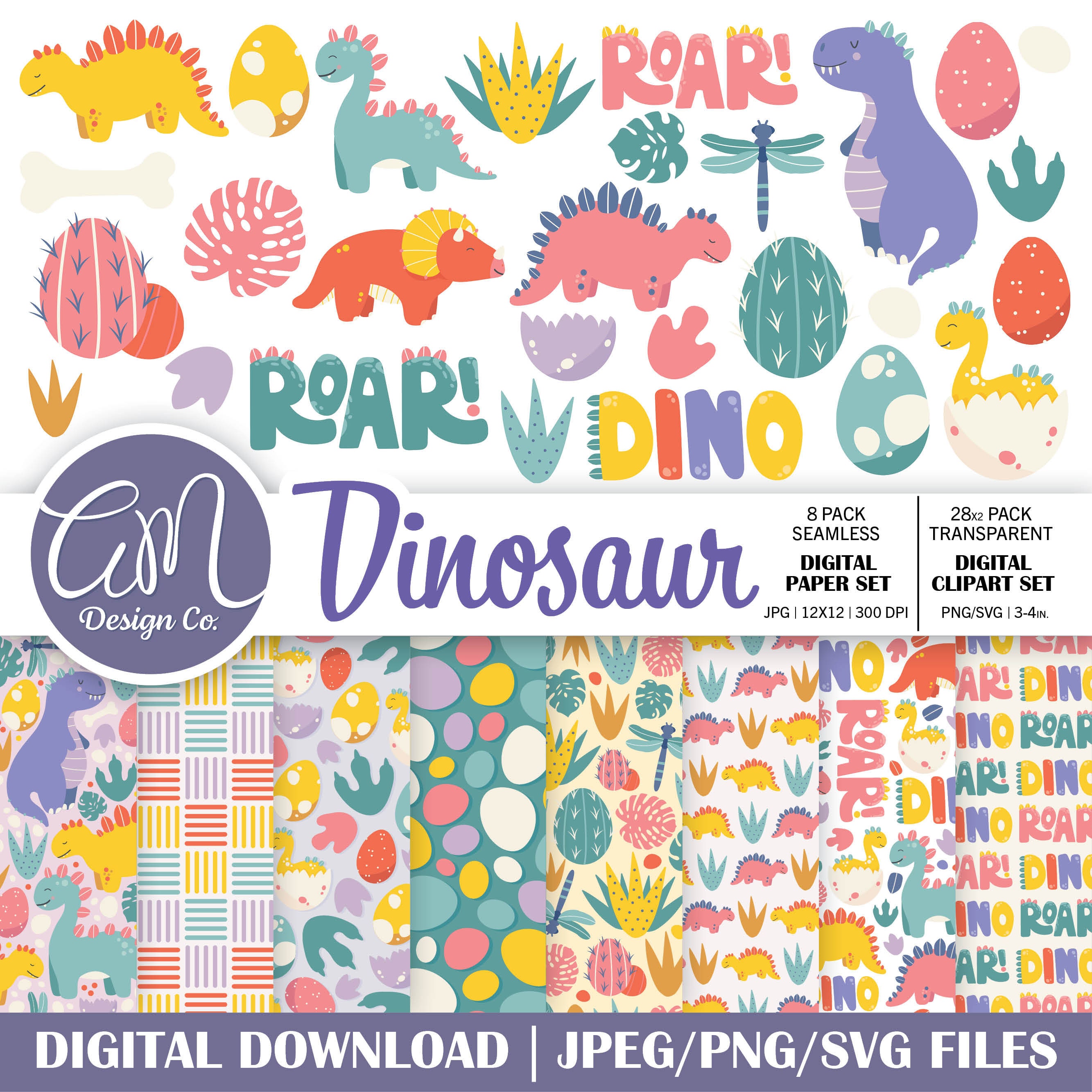 Dinosaur Digital Paper and Clipart Set, Prehistoric Seamless Pattern ...