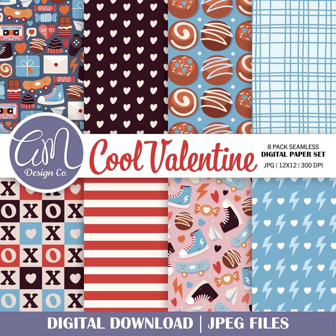 Cool Boy Valentine Digital Paper, Kids Seamless Pattern, Holiday Heart ...