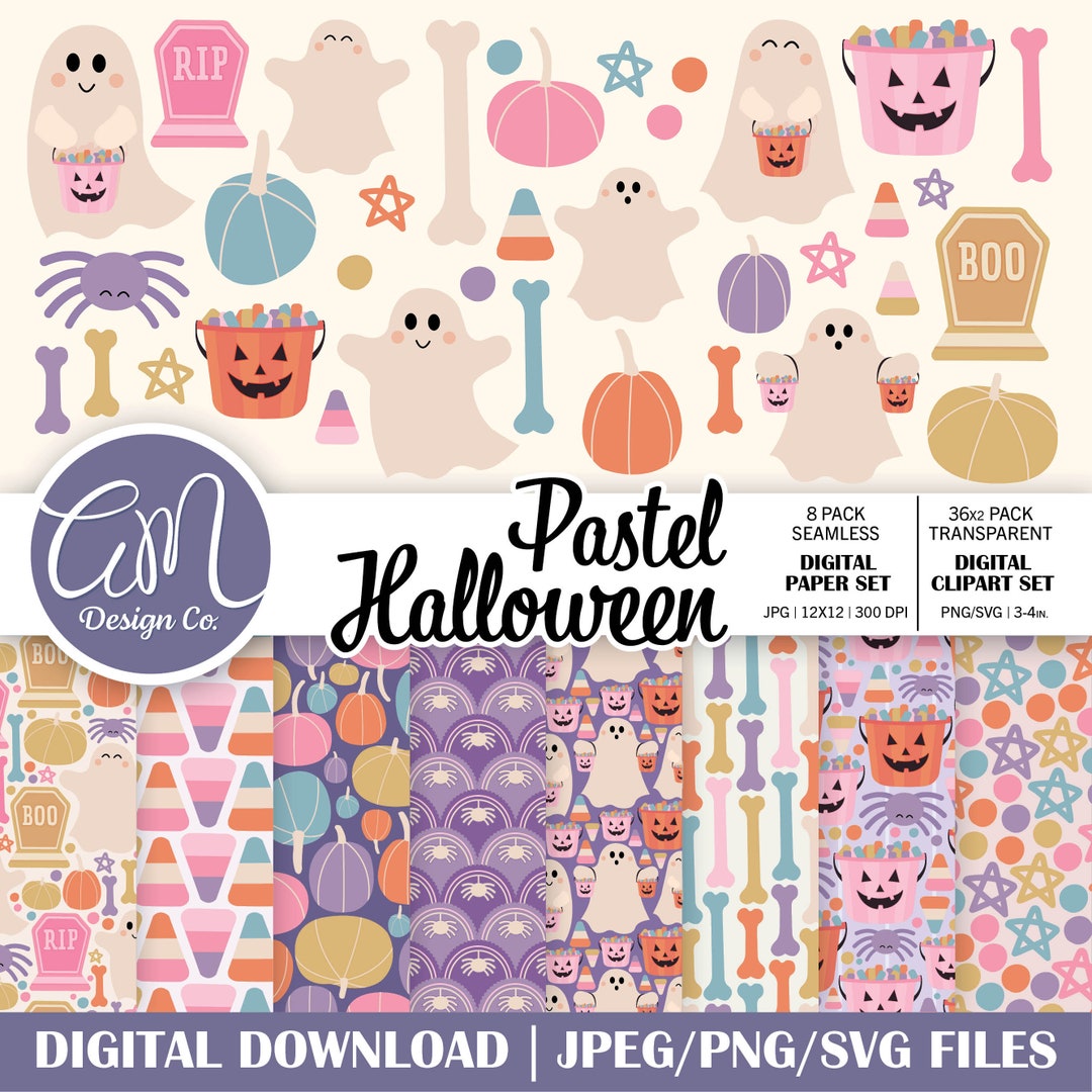 Cute Halloween Digital Paper, Pastel Halloween Clipart Set, Ghost ...
