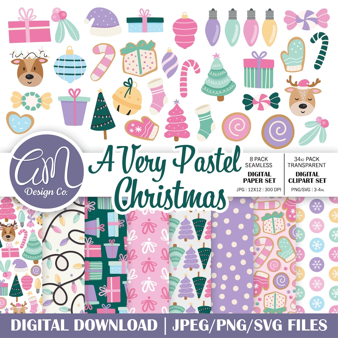 Pastel Christmas Digital Paper and Clipart Set, Pink Christmas Seamless ...