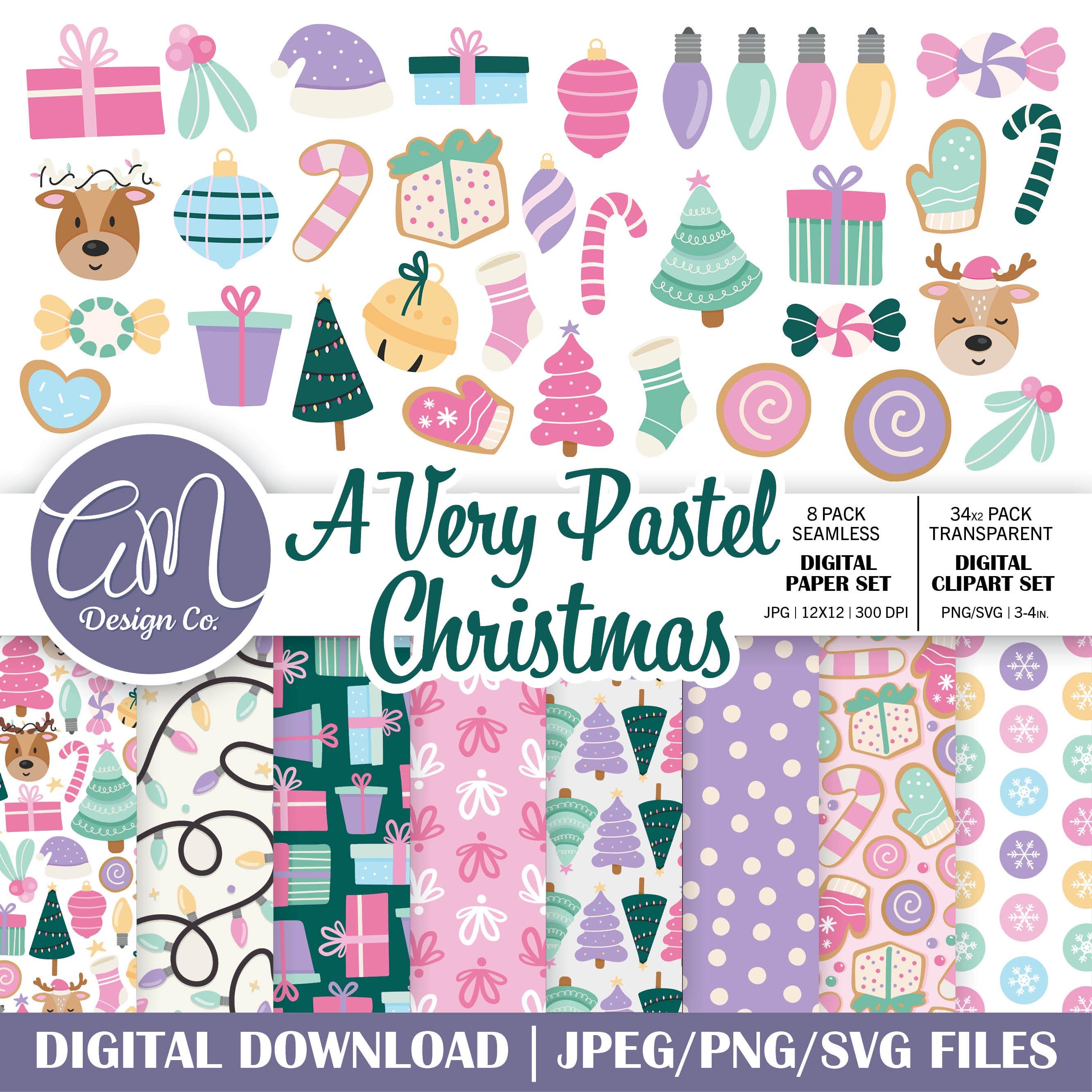 Pastel Christmas Digital Paper and Clipart Set, Pink Christmas Seamless ...