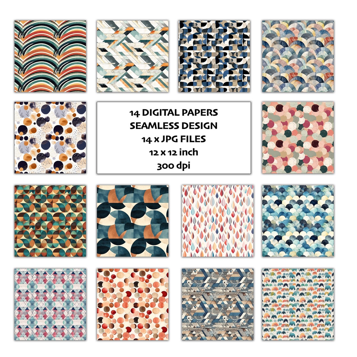 MODERN PATTERNS Digital Paper, SEAMLESS Paper, 14 Designs, 12x12in, 300 ...