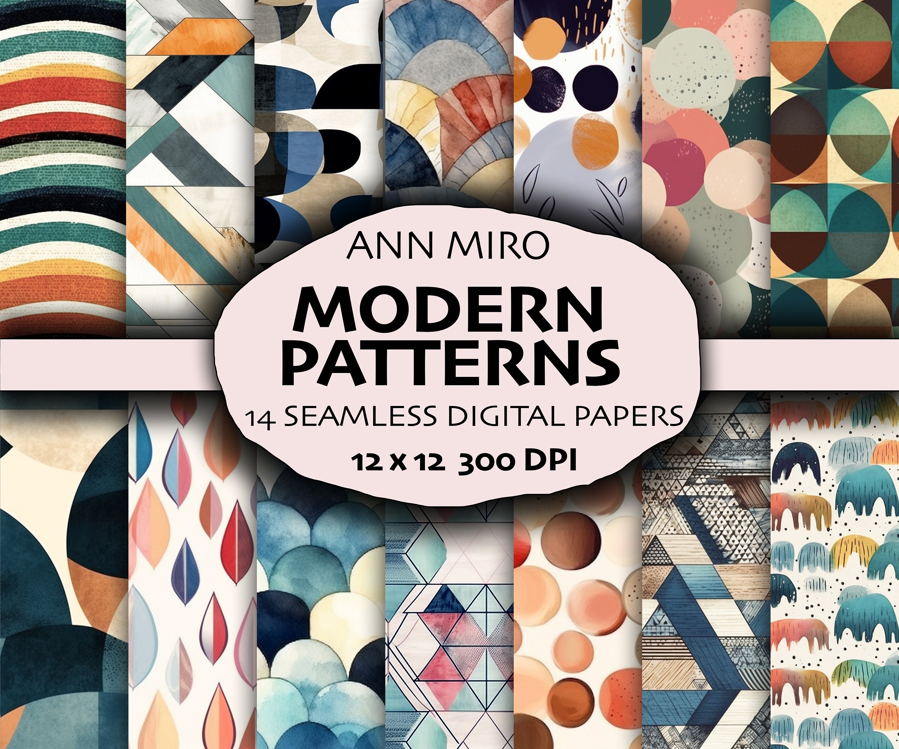 MODERN PATTERNS Digital Paper, SEAMLESS Paper, 14 Designs, 12x12in, 300 ...
