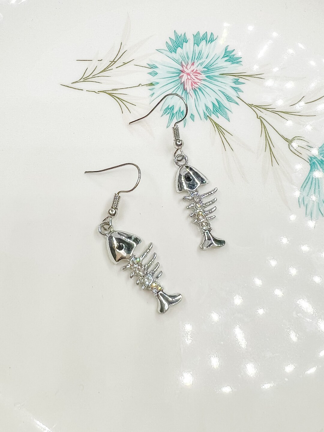 Zircon Crystal Fish Bone Earrings/silver Fish Earrings/crystal Earrings ...