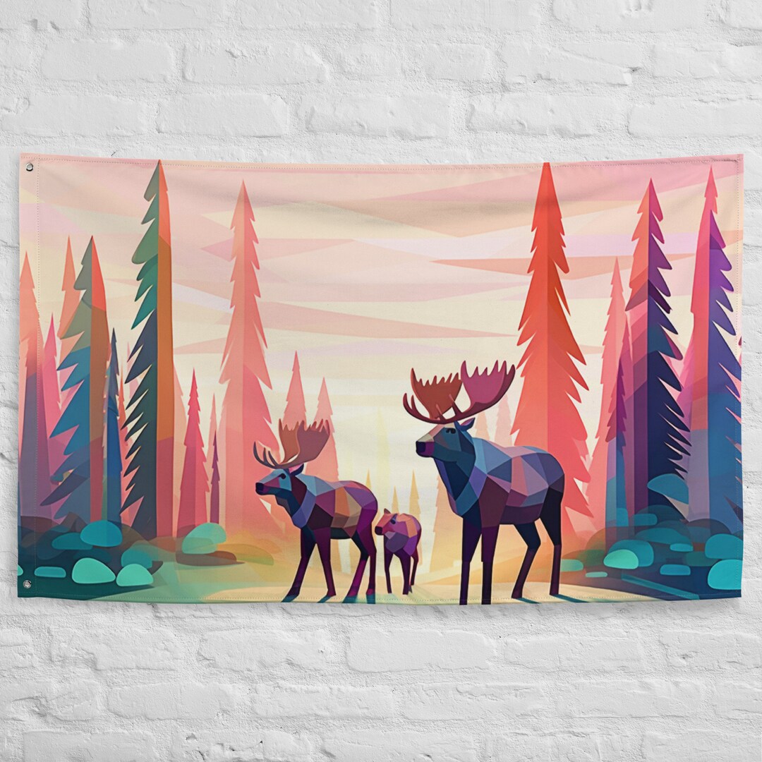 Moose Family Flag Wilderness Adventure Digital Art Rustic Decor Custom ...