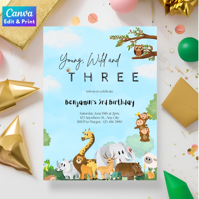 Editable Jungle Theme 3rd Birthday Party Invitation Young Wild and ...