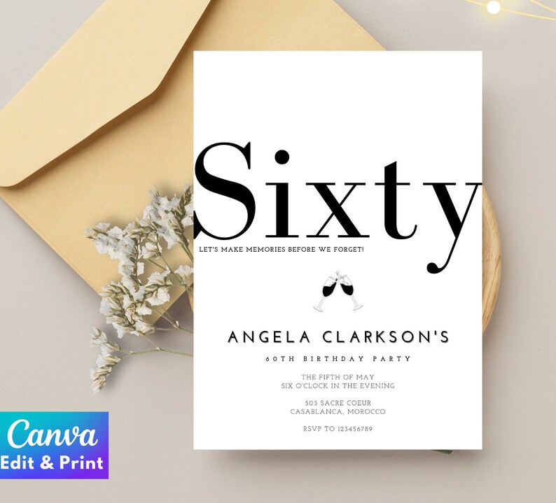 Elegant Witty 60th Birthday Invitation Black & White Unisex Party ...