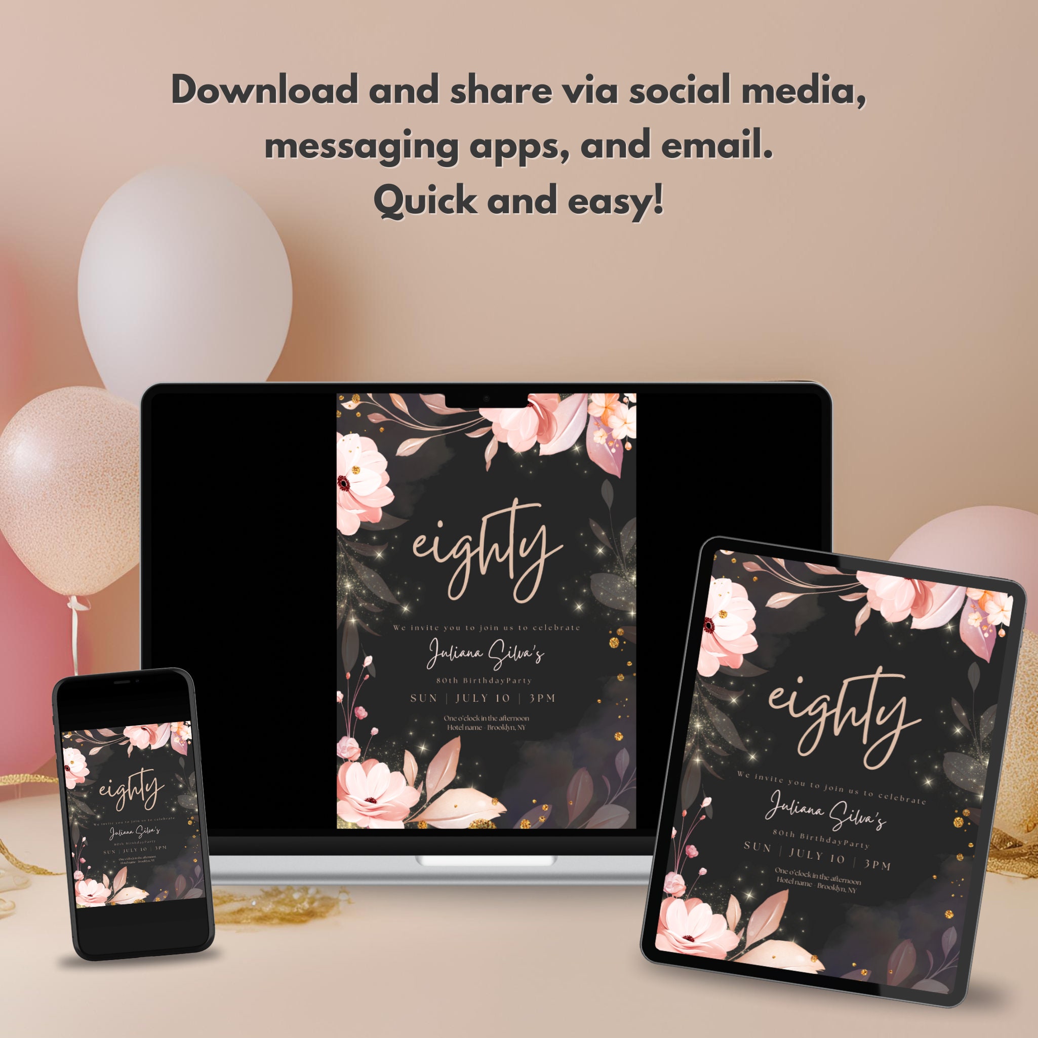 Editable 80th Birthday Invitation Template | Flowers, Black and Gold ...