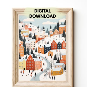 Printable Winter Wall Art, Snowy Town Digital Print, Christmas ...
