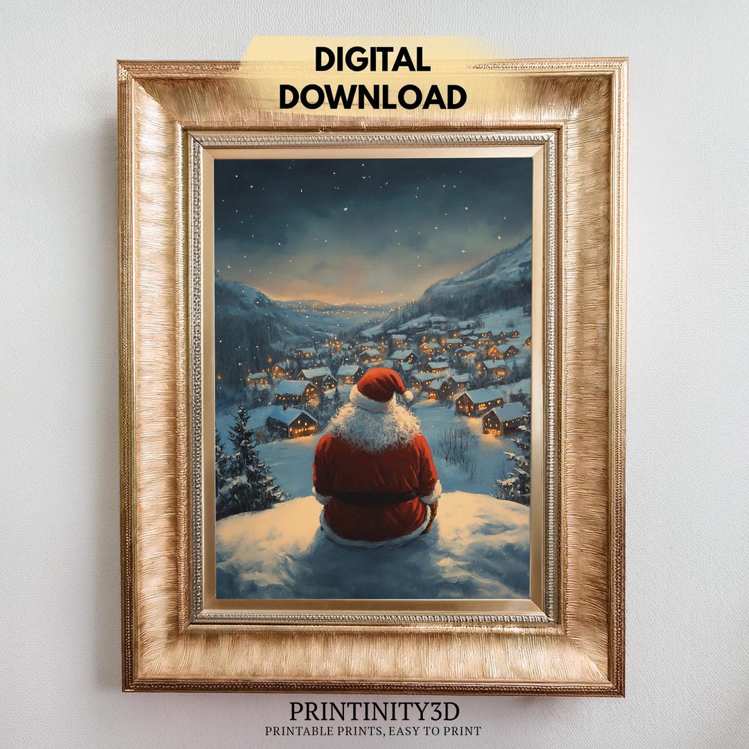 Santa Overlooking Christmas Village Oil Art, Snowy Night Scene Art ...