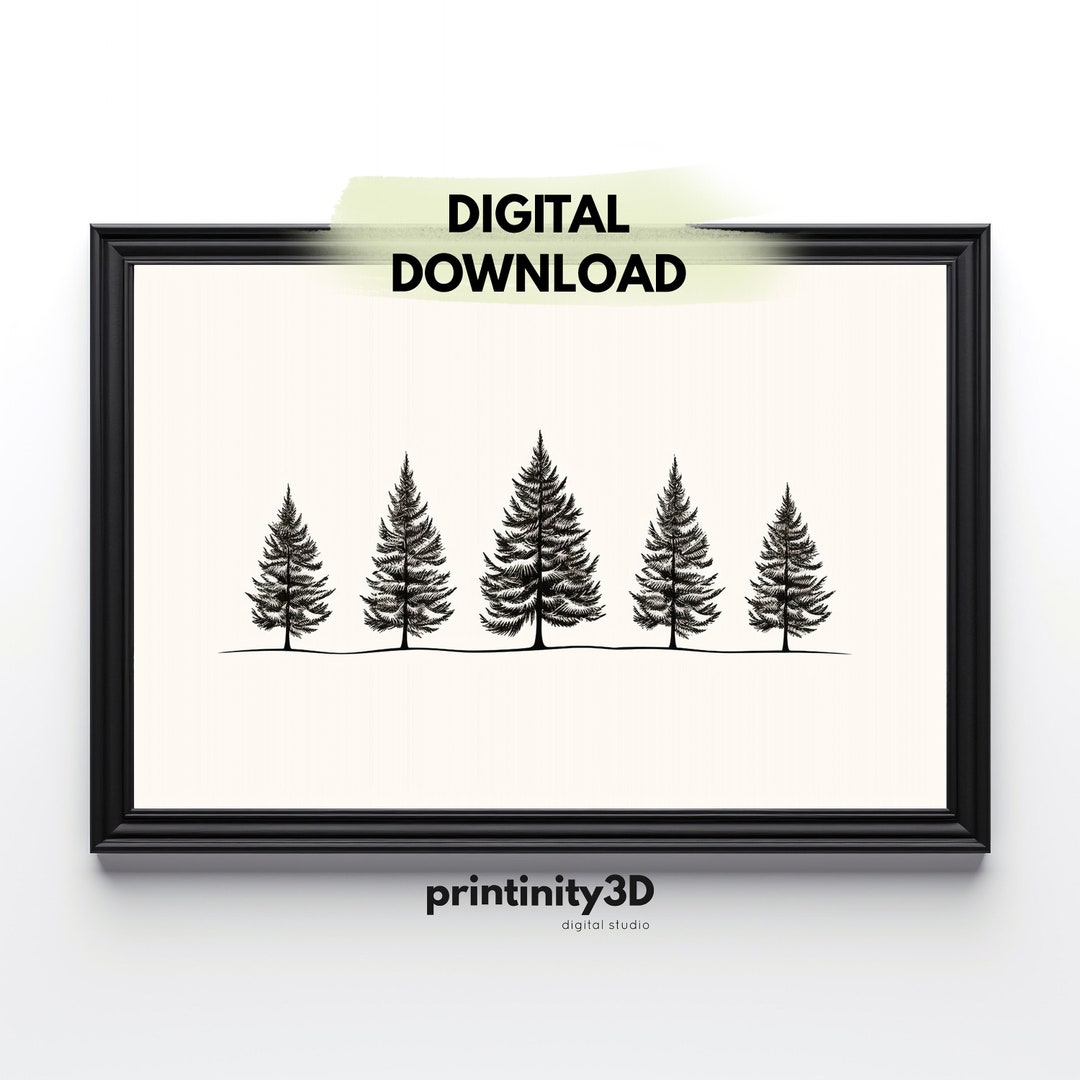 Pine Forest Line Art Print, Minimalistic Pine Trees Wall Art, Winter ...