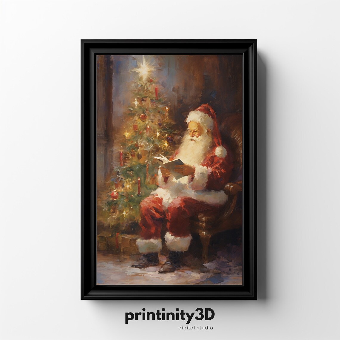 Santa Reader Oil Printable, Xmas Eve Oil Painting Print, Vintage ...
