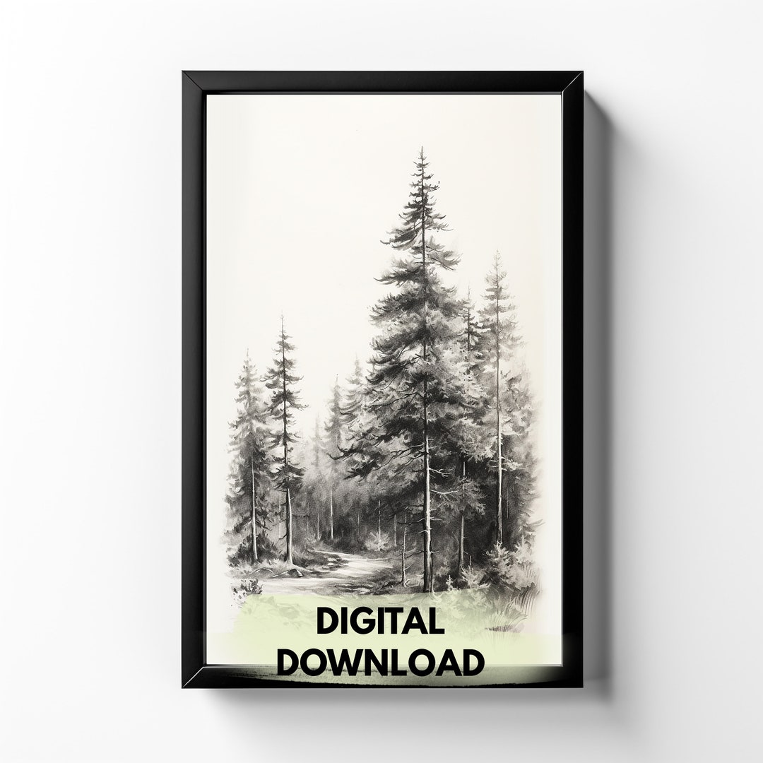 Pine Tree Forest Landscape Print, Black and White Forest Wall Art ...