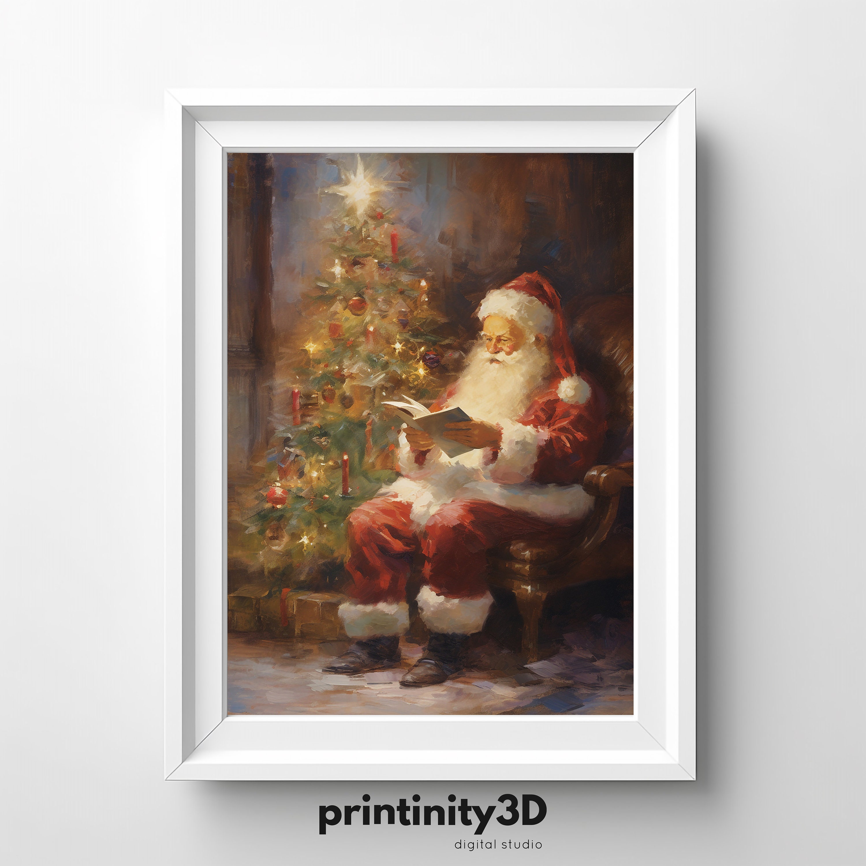 Santa Reader Oil Printable, Xmas Eve Oil Painting Print, Vintage ...