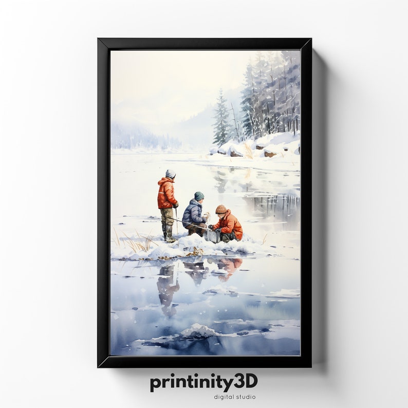 Frozen Lake Watercolor Printable, Vintage Ice Fishing Family Wall Art ...