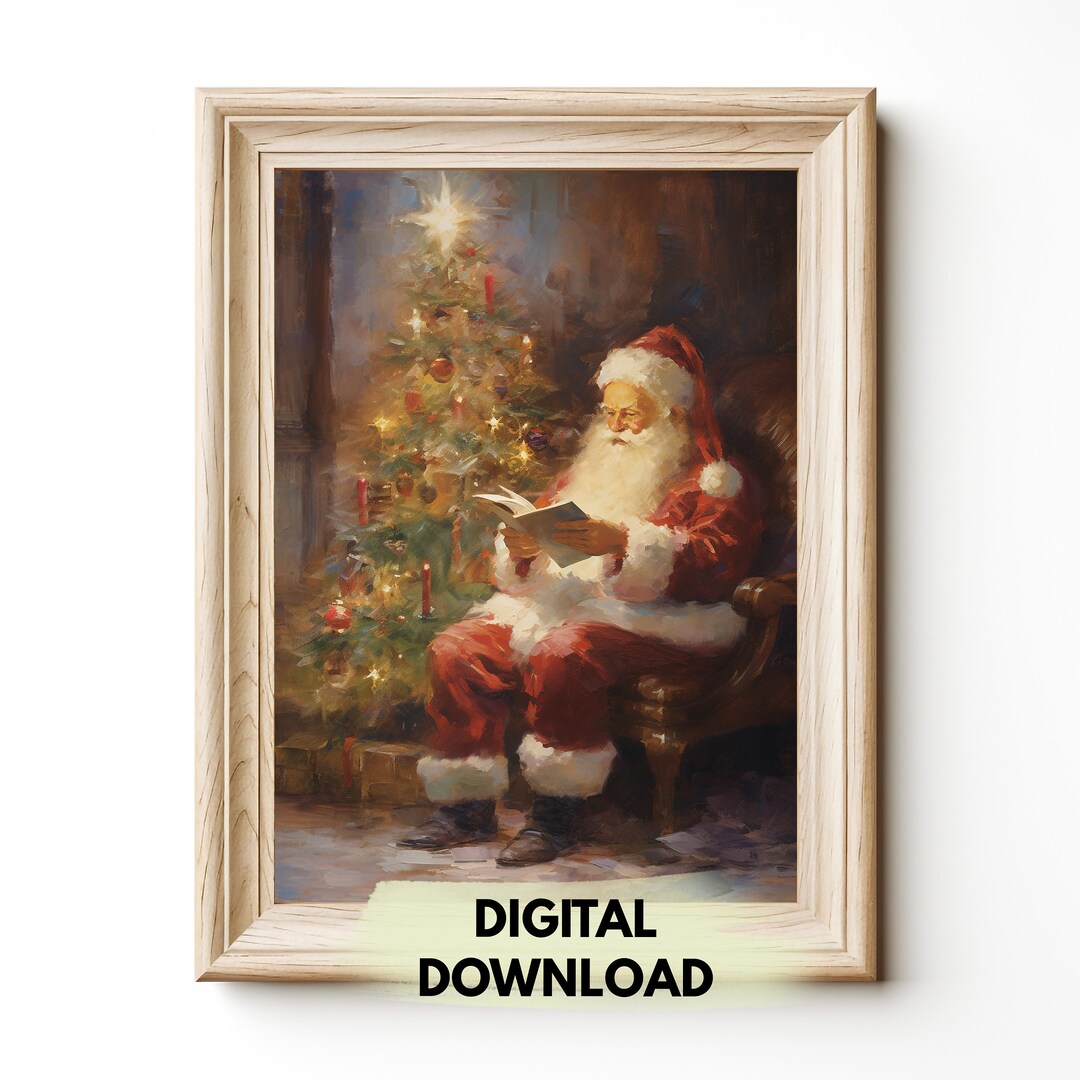 Santa Reader Oil Printable, Xmas Eve Oil Painting Print, Vintage ...