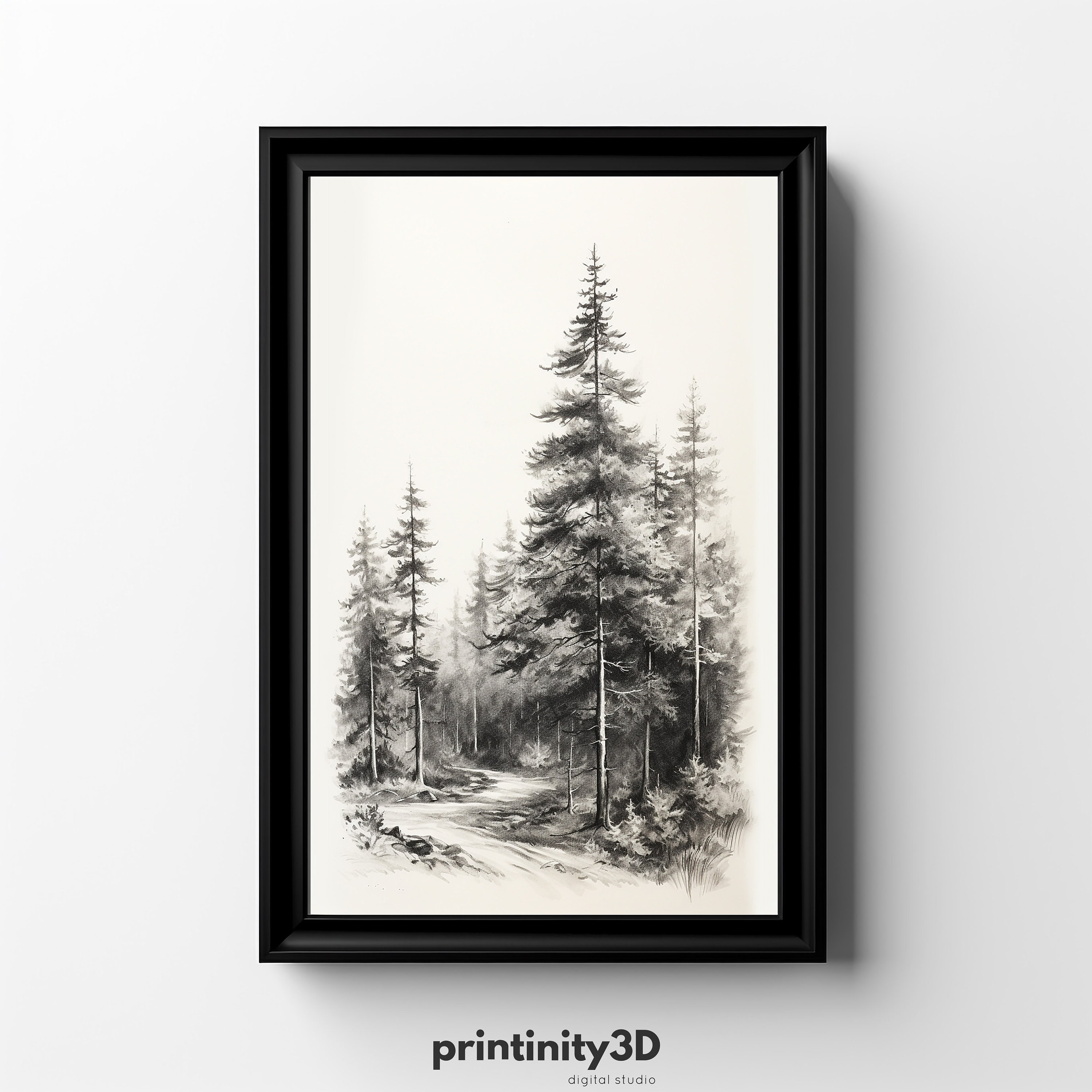 Pine Tree Forest Landscape Print, Black and White Forest Wall Art ...