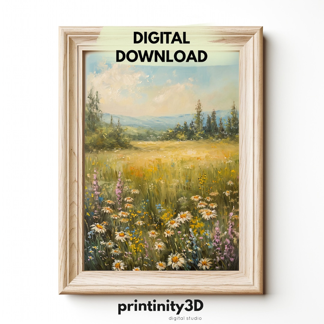Spring Meadow Art Printable Floral Landscape Oil Painting Forest House ...