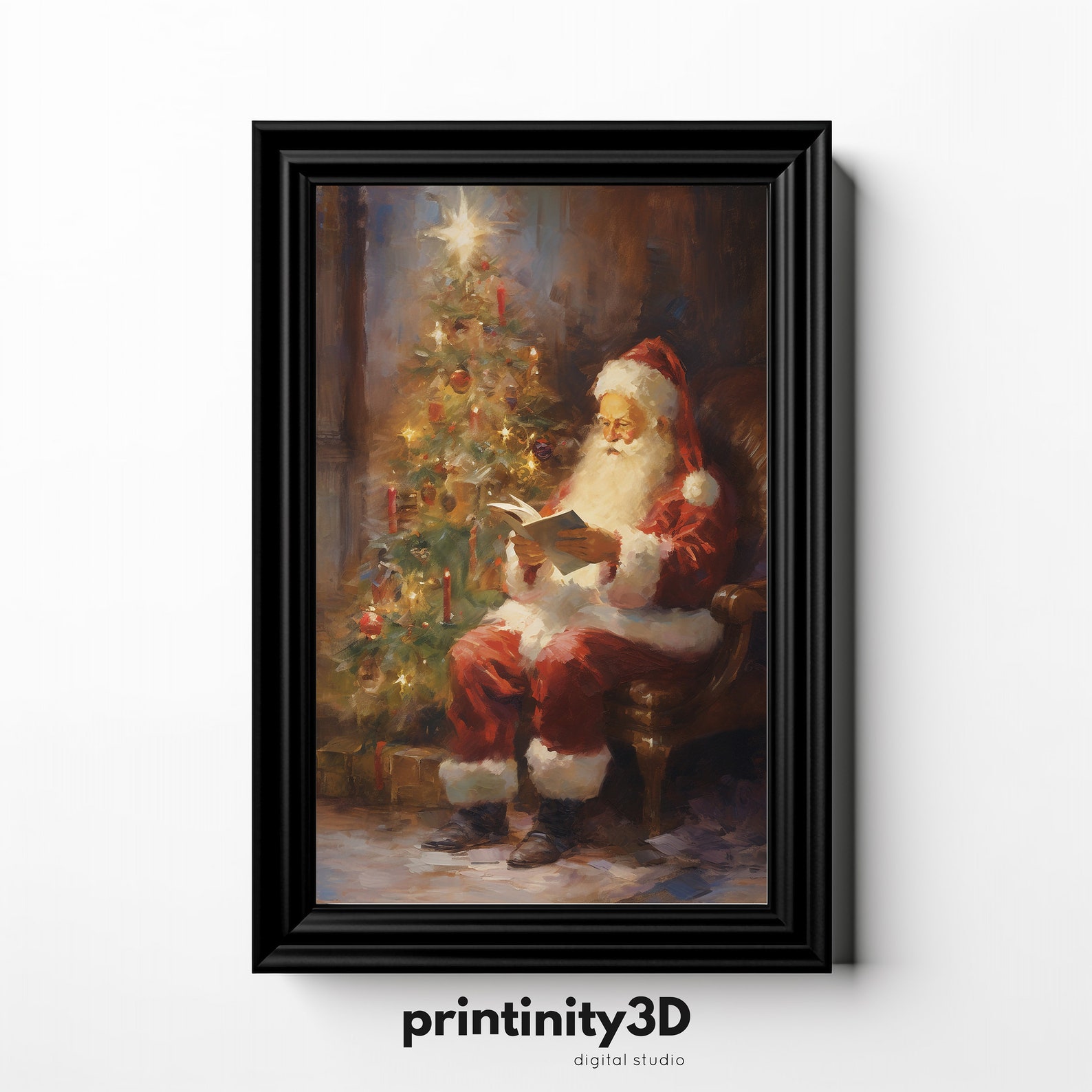 Santa Reader Oil Printable, Xmas Eve Oil Painting Print, Vintage ...