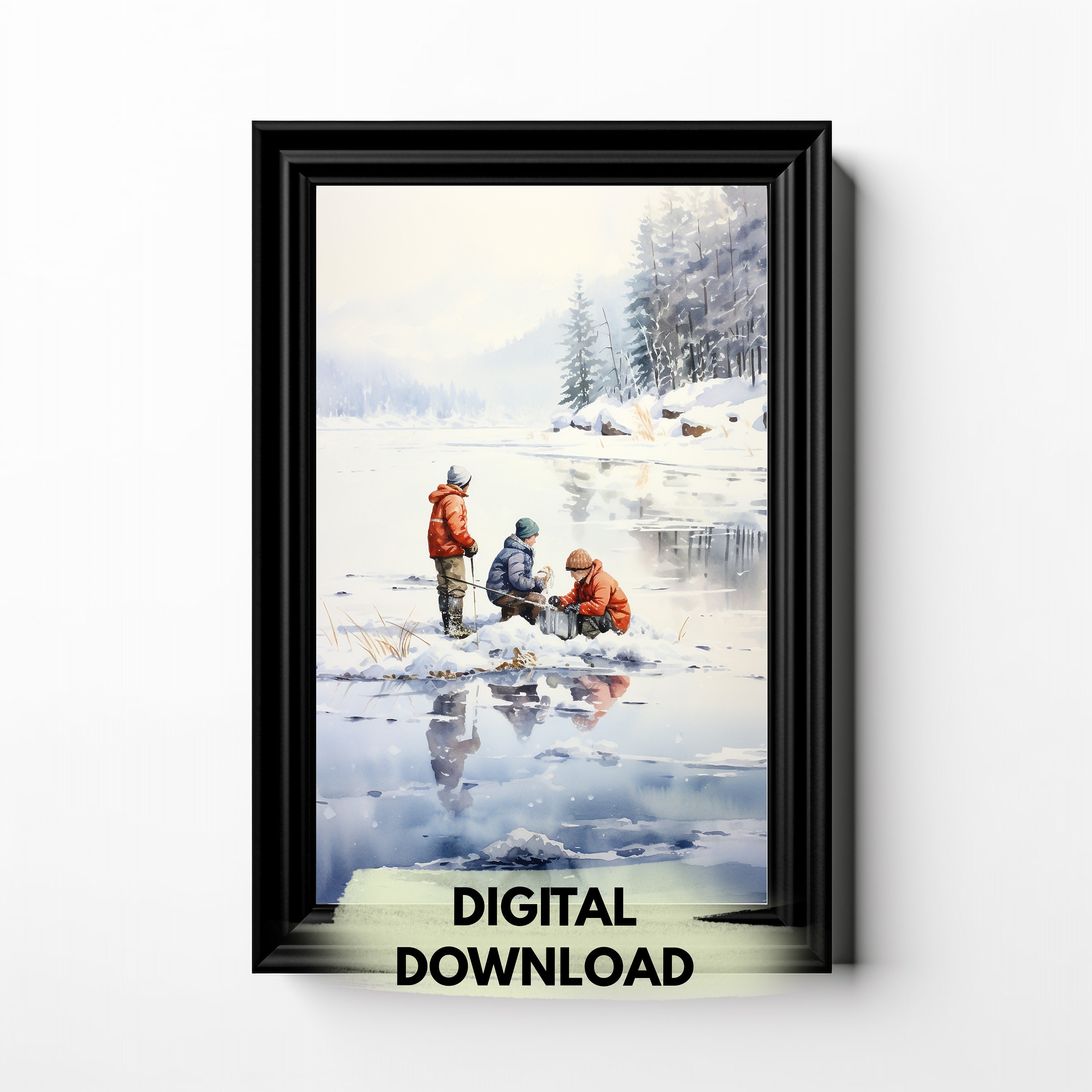 Frozen Lake Watercolor Printable, Vintage Ice Fishing Family Wall Art ...