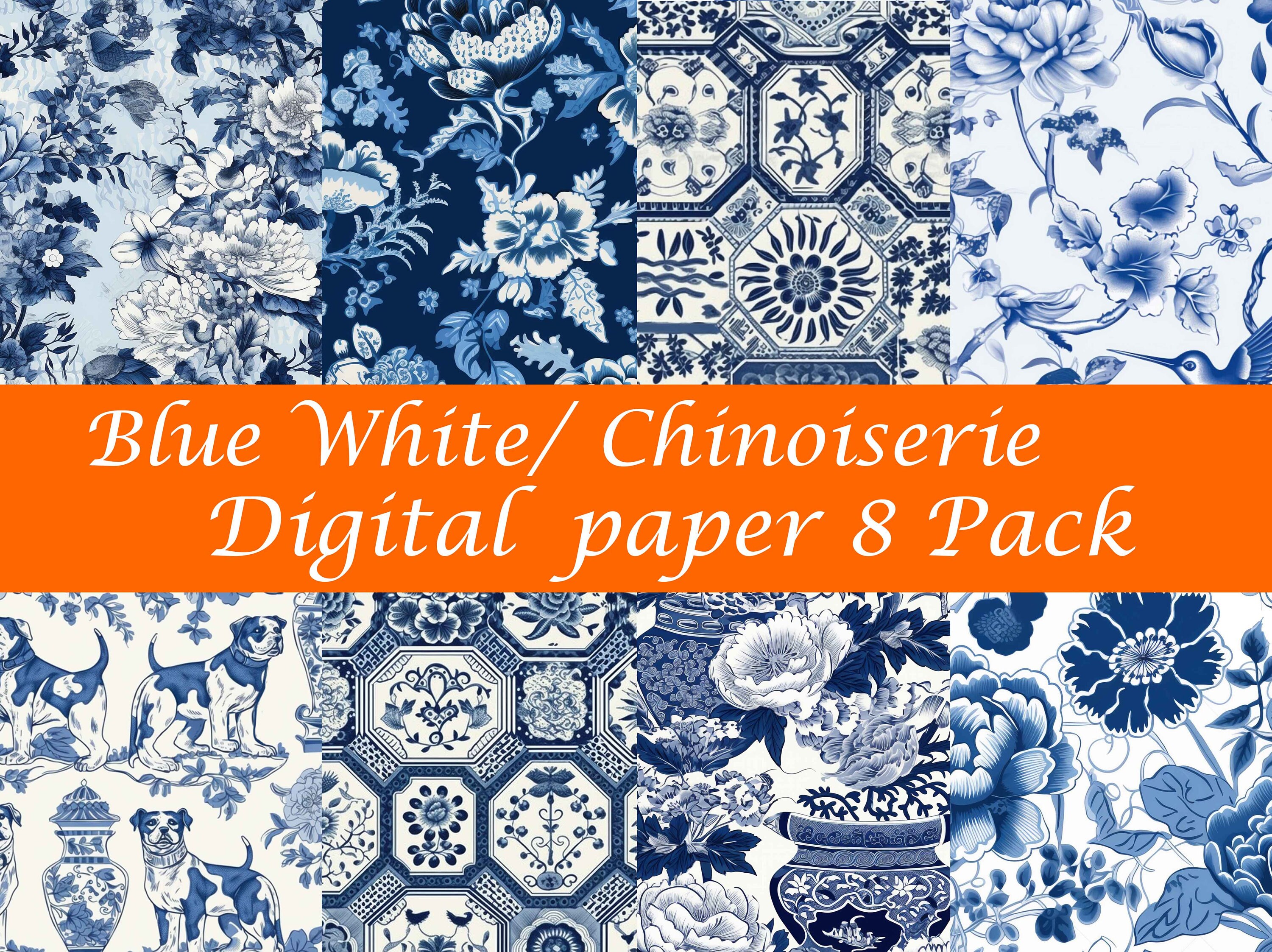 Blue and White Chinoiserie DIY Digital Paper 8 Pack Seamless Patterns ...