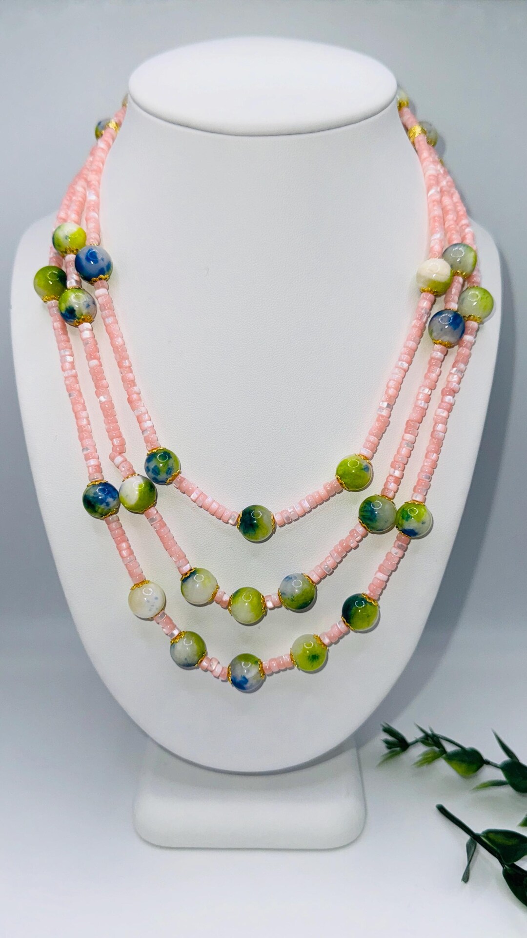 Pink Shell Bead & Green Persian Natural Stone Bead 3 Piece Necklace Set| 3 Layers Necklace ...