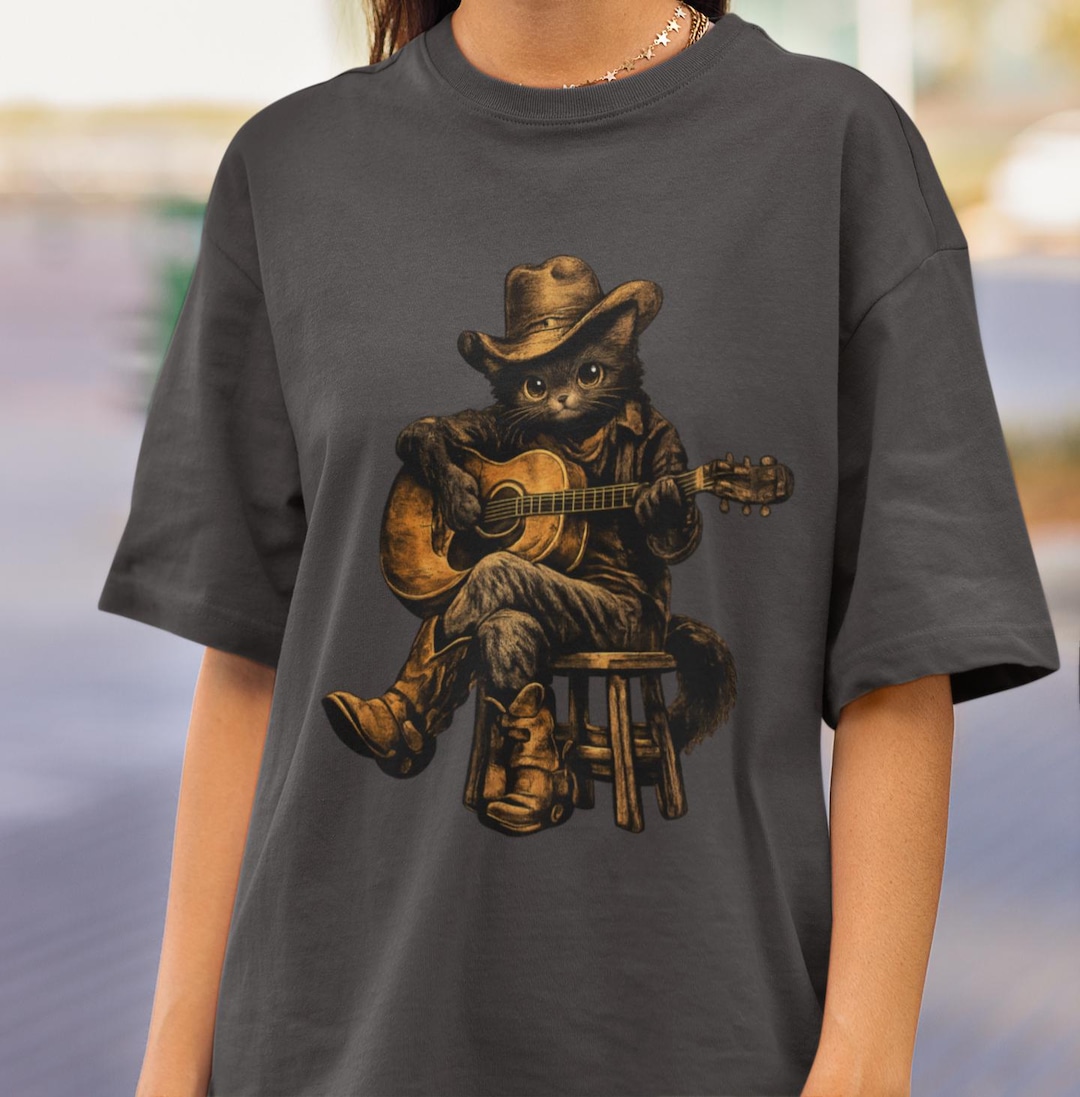 Vintage Guitar Cat Shirt, Cowboy Cat Playing Acoustic Guitar Tee ...