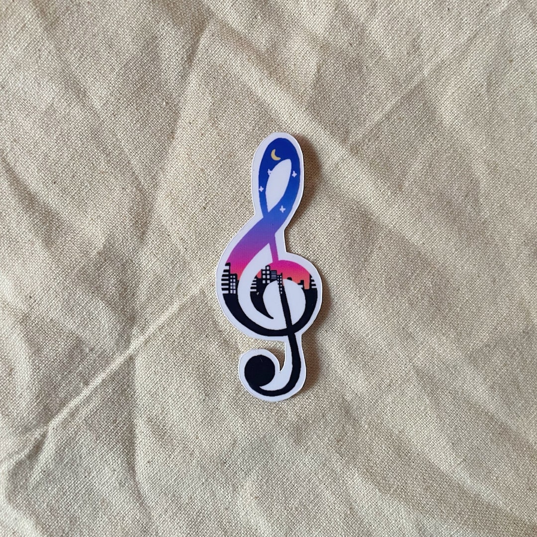 Treble Clef Die Cut Sticker With City Skylight and Sunset, Sunset ...