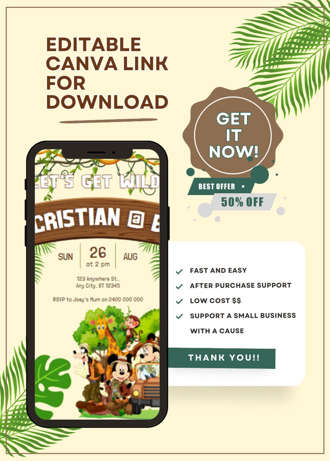 Mickey Mouse Safari Theme Birthday Party Invitation | Kids Birthday ...